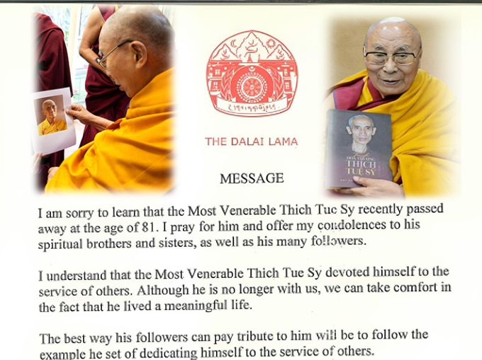 Điện phân ưu của Đức Đạt Lai Lạt Ma về sự viên tịch của Cố Hoà thượng ...